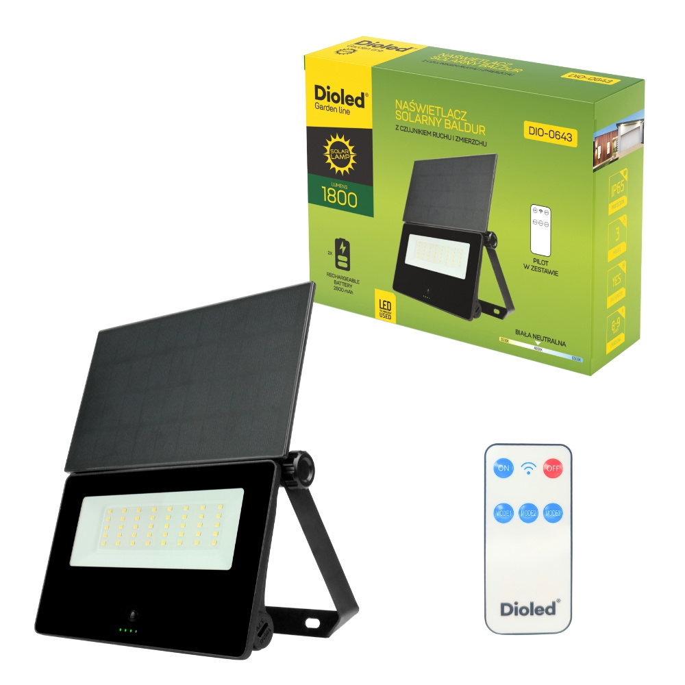 Naświetlacz solarny BALDUR 1800lm 4000K czujnik ruchu pilot DIO-0643 ...
